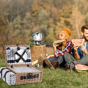 HYBDAMAI Willow Picnic Basket Set for 4 Persons with Waterproof Picnic Blanket, Large Wicker Picnic Basket for Camping, Outdoors, Valentine's Day, Christmas, Thanksgiving, Birthday