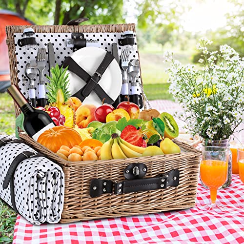 HYBDAMAI Willow Picnic Basket Set for 4 Persons with Waterproof Picnic Blanket, Large Wicker Picnic Basket for Camping, Outdoors, Valentine's Day, Christmas, Thanksgiving, Birthday