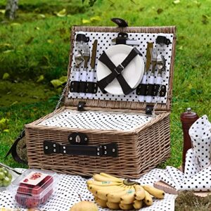 HYBDAMAI Willow Picnic Basket Set for 4 Persons with Waterproof Picnic Blanket, Large Wicker Picnic Basket for Camping, Outdoors, Valentine's Day, Christmas, Thanksgiving, Birthday