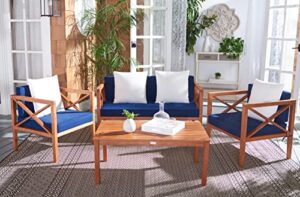 safavieh pat7031e collection nunzio teak 4 pc accent outdoor set, natural/navy + solid pillow