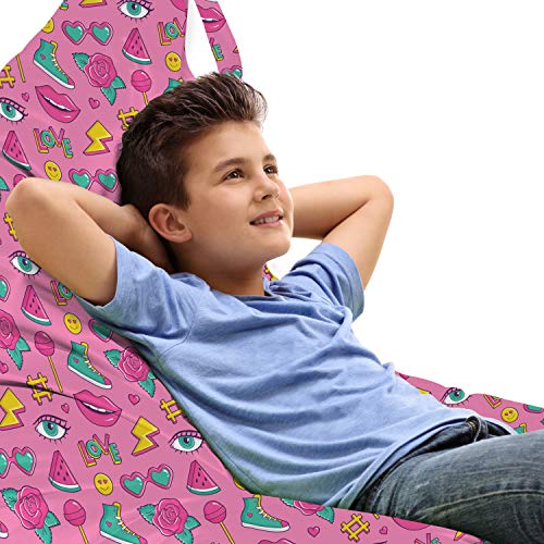 Ambesonne Emoticon Lounger Chair Bag, Retro Style Comic Book Pattern on Pink Backdrop Girlish Pop Art, High Capacity Storage with Handle Container, Lounger Size, Pink Sea Green Yellow