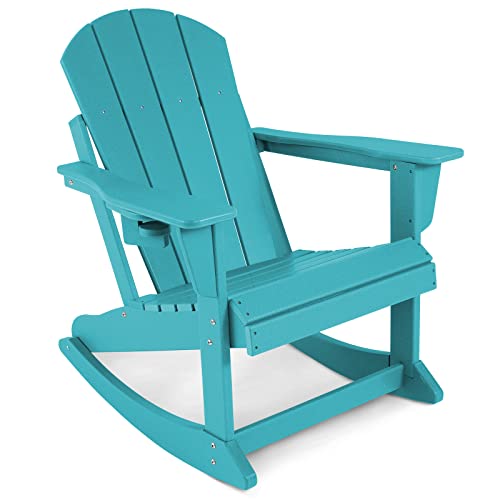 ABCPATIO Adirondack Rocking Chairs Weather Resistant Outdoor Patio Chair with Cup Holder, Seat Width 21.6" Turquoise