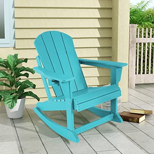 ABCPATIO Adirondack Rocking Chairs Weather Resistant Outdoor Patio Chair with Cup Holder, Seat Width 21.6" Turquoise