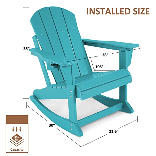 ABCPATIO Adirondack Rocking Chairs Weather Resistant Outdoor Patio Chair with Cup Holder, Seat Width 21.6" Turquoise