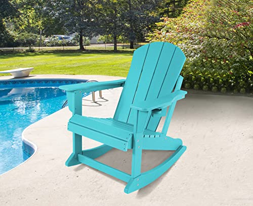 ABCPATIO Adirondack Rocking Chairs Weather Resistant Outdoor Patio Chair with Cup Holder, Seat Width 21.6" Turquoise