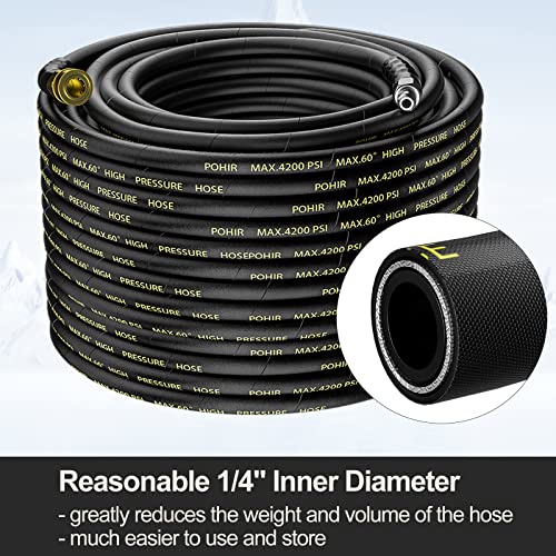 POHIR Power Washer Hose 100FT 3/8'' Quick Connect, High Tensile Wire Braided Car Wash Water Hose, with 2 Quick Connect Kits Compatible M22 14 mm, 1/4 Inch Hose for Pressure Washer, 4200 PSI