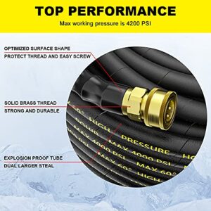 POHIR Power Washer Hose 100FT 3/8'' Quick Connect, High Tensile Wire Braided Car Wash Water Hose, with 2 Quick Connect Kits Compatible M22 14 mm, 1/4 Inch Hose for Pressure Washer, 4200 PSI