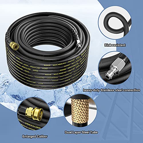 POHIR Power Washer Hose 100FT 3/8'' Quick Connect, High Tensile Wire Braided Car Wash Water Hose, with 2 Quick Connect Kits Compatible M22 14 mm, 1/4 Inch Hose for Pressure Washer, 4200 PSI