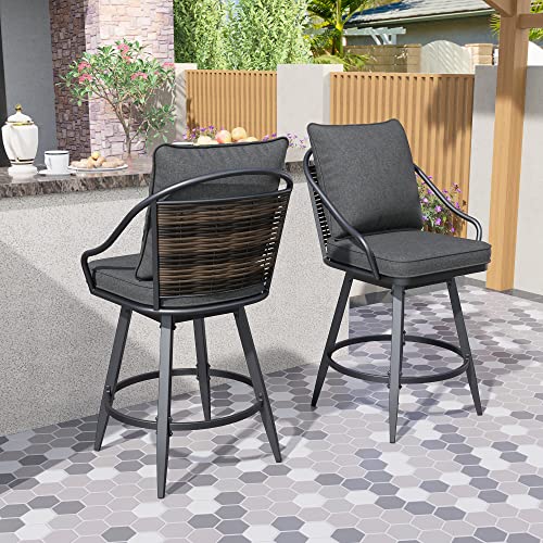 TOP HOME SPACE Patio Swivel Bar Stools Modern Outdoor Bar Height Chairs All Weather Metal Frame with Cushions,Set of 2