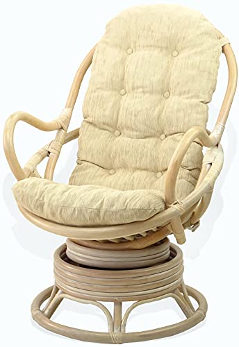 SK New Interiors Lounge Swivel Rocking Java Chair Rattan Wicker Handmade with Cream Cushion, White Wash