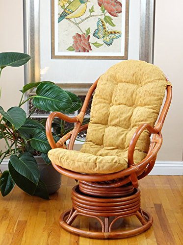 SK New Interiors Lounge Swivel Rocking Java Chair Rattan Wicker Handmade with Cream Cushion, White Wash