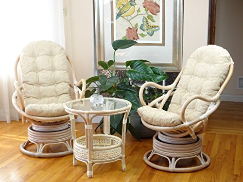 SK New Interiors Lounge Swivel Rocking Java Chair Rattan Wicker Handmade with Cream Cushion, White Wash