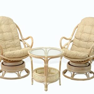 SK New Interiors Lounge Swivel Rocking Java Chair Rattan Wicker Handmade with Cream Cushion, White Wash