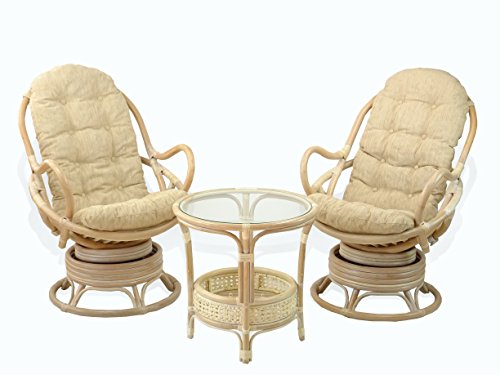 SK New Interiors Lounge Swivel Rocking Java Chair Rattan Wicker Handmade with Cream Cushion, White Wash