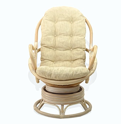 SK New Interiors Lounge Swivel Rocking Java Chair Rattan Wicker Handmade with Cream Cushion, White Wash