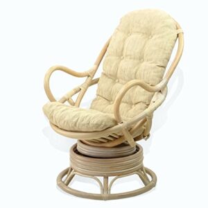 SK New Interiors Lounge Swivel Rocking Java Chair Rattan Wicker Handmade with Cream Cushion, White Wash