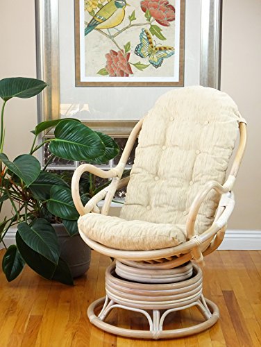 SK New Interiors Lounge Swivel Rocking Java Chair Rattan Wicker Handmade with Cream Cushion, White Wash