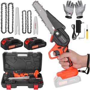 mini chainsaw cordless 6 inch, handheld chainsaw with replacement 4inch and 6inch guide plates, small chainsaw with 2 batteries 4 chains for cutting wood, tree trimming, garden pruning