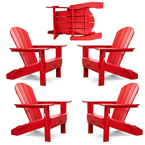 Resin TEAK Folding Adirondack Chair Set of 4, Premium All Weather Outdoor Patio Furniture, 21 Inch Wide Seat, Up to 350 lbs, Foldable Outdoor Patio Chairs, New Heritage Collection (Red)