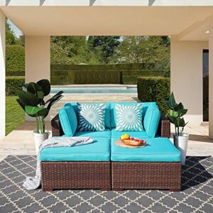 OC Orange-Casual 2 Piece Patio Sectional Furniture Set with Back Seat Cushions, Outdoor Armchair Wicker Sofa, Ottoman Brown Wicker & Turquoise Cushion