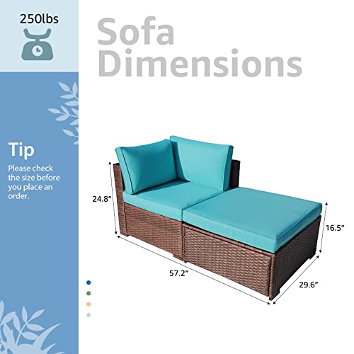 OC Orange-Casual 2 Piece Patio Sectional Furniture Set with Back Seat Cushions, Outdoor Armchair Wicker Sofa, Ottoman Brown Wicker & Turquoise Cushion