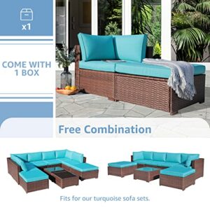 OC Orange-Casual 2 Piece Patio Sectional Furniture Set with Back Seat Cushions, Outdoor Armchair Wicker Sofa, Ottoman Brown Wicker & Turquoise Cushion