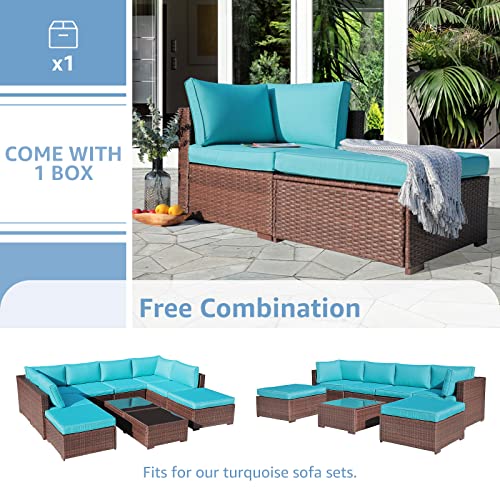 OC Orange-Casual 2 Piece Patio Sectional Furniture Set with Back Seat Cushions, Outdoor Armchair Wicker Sofa, Ottoman Brown Wicker & Turquoise Cushion