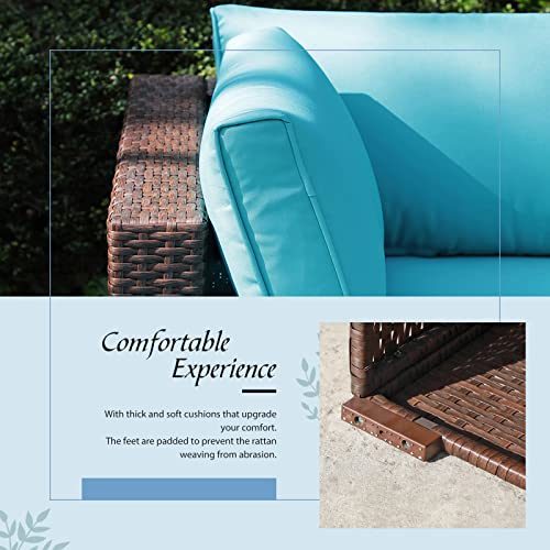 OC Orange-Casual 2 Piece Patio Sectional Furniture Set with Back Seat Cushions, Outdoor Armchair Wicker Sofa, Ottoman Brown Wicker & Turquoise Cushion