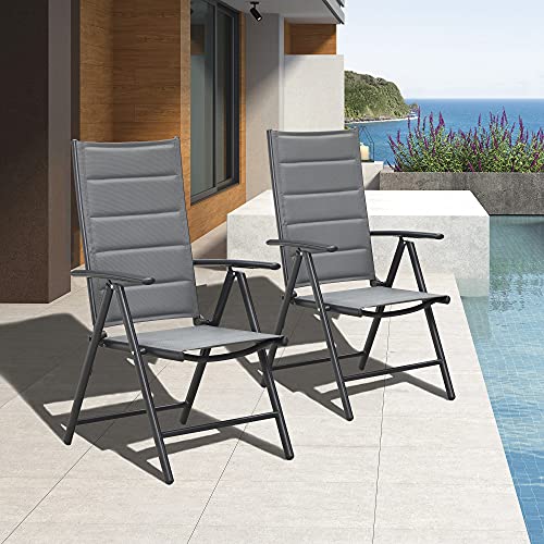 PURPLE LEAF Outdoor Patio Folding Chairs Set of 2, Outdoor Reclining Camping Chairs with Soft Cotton-Padded Seat Adjustable High Backrest Portable Chairs, Grey