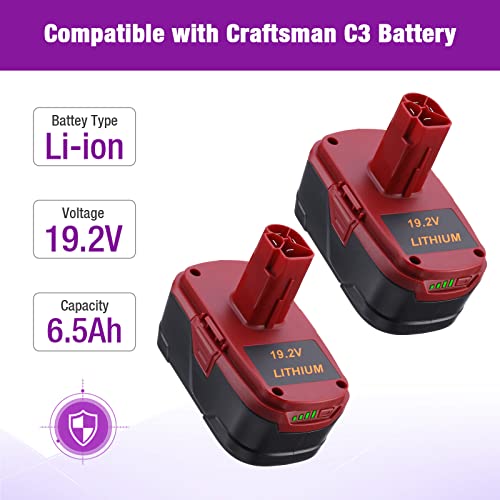 LORDONE 2Packs 6500mAh C3 Lithium Battery for Craftsman 19.2 Volt Battery DieHard XCP 315.115410 315.11485 130279005 1323903 130285003 130211004 120235021 11375 11376 315.PP2011 Cordless Battery