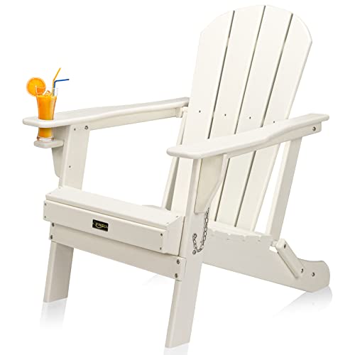 VINGLI Plastic Folding Adirondack Chair with Cup Holder, 100% Recyclable Waterproof HDPE Material, Comfortable 380lb Weight Capacity for Outdoor Pool Patio Lounge Chair Lawn Furniture Firepit (White)