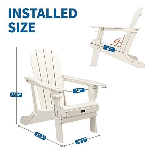 VINGLI Plastic Folding Adirondack Chair with Cup Holder, 100% Recyclable Waterproof HDPE Material, Comfortable 380lb Weight Capacity for Outdoor Pool Patio Lounge Chair Lawn Furniture Firepit (White)