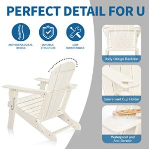 VINGLI Plastic Folding Adirondack Chair with Cup Holder, 100% Recyclable Waterproof HDPE Material, Comfortable 380lb Weight Capacity for Outdoor Pool Patio Lounge Chair Lawn Furniture Firepit (White)