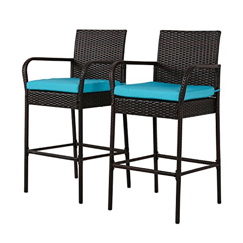 Kinsunny 2 PCs Patio Wicker Rattan Bar Stools Bistro Set Tall Stools Chair All Weather Outdoor Furniture Barstool with Cushions and Armrest, Brown