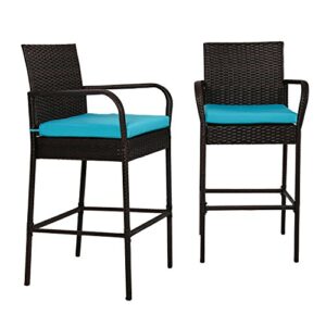 Kinsunny 2 PCs Patio Wicker Rattan Bar Stools Bistro Set Tall Stools Chair All Weather Outdoor Furniture Barstool with Cushions and Armrest, Brown