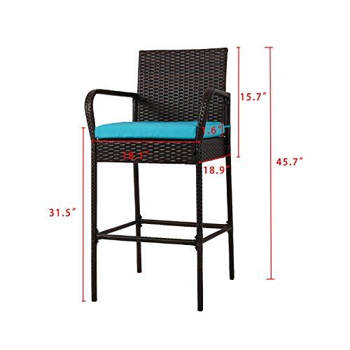 Kinsunny 2 PCs Patio Wicker Rattan Bar Stools Bistro Set Tall Stools Chair All Weather Outdoor Furniture Barstool with Cushions and Armrest, Brown