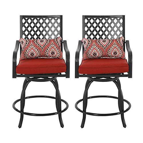 Nuu Garden 3 Piece Swivel Patio Bar Set, High Iron Outdoor Furniture Set Wide Outdoor Bar Stools, Bar Height Chairs with Seat Cushion and Armrest for Garden, Backyard, Patio and Poolside, Red