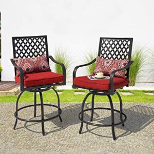 Nuu Garden 3 Piece Swivel Patio Bar Set, High Iron Outdoor Furniture Set Wide Outdoor Bar Stools, Bar Height Chairs with Seat Cushion and Armrest for Garden, Backyard, Patio and Poolside, Red