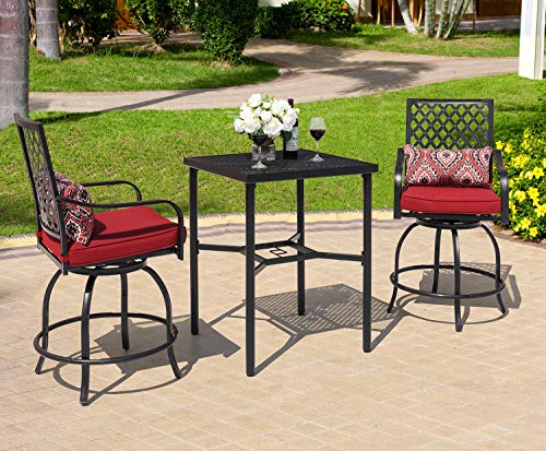 Nuu Garden 3 Piece Swivel Patio Bar Set, High Iron Outdoor Furniture Set Wide Outdoor Bar Stools, Bar Height Chairs with Seat Cushion and Armrest for Garden, Backyard, Patio and Poolside, Red