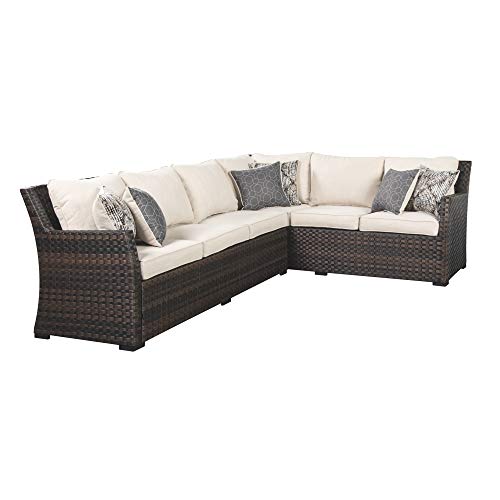 Signature Design by Ashley Outdoor Easy Isle Wicker Sofa Sectional, Beige