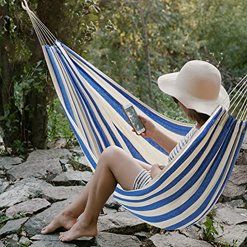 ROOITY Double Hammock Brazilian Hammocks with Portable Carrying Bag,Soft Cotton Fabric, Up to 450 Lbs Hanging for Patio,Trees,Garden,Backyard,Porch,Outdoor and Indoor XXX-Large Stripe (Blue-White)