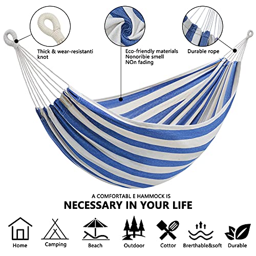 ROOITY Double Hammock Brazilian Hammocks with Portable Carrying Bag,Soft Cotton Fabric, Up to 450 Lbs Hanging for Patio,Trees,Garden,Backyard,Porch,Outdoor and Indoor XXX-Large Stripe (Blue-White)