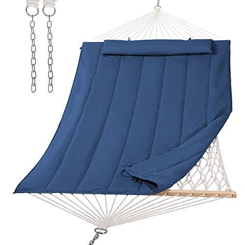 SUNCREAT Hammocks Outdoor Double Hammock with Hardwood Spreader Bar, Heavy Duty Cotton Rope Hammock with Polyester Pad, Dark Blue