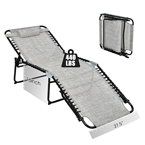 GYMAX Lounge Chair for Outside, 440lbs 27.5” Oversize Folding Beach Tanning Sunbath Chair with Adjustable Backrest & Removable Pillow, Lightweight Portable Patio Lounger for Lawn Poolside (1, Grey)