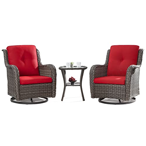 Joyside Outdoor Swivel Rocker Patio Chairs Set of 2 and Matching Side Table - 3 Piece Wicker Patio Bistro Set with Premium Fabric Cushions(Brown/Red)