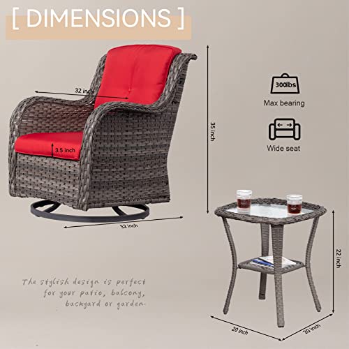 Joyside Outdoor Swivel Rocker Patio Chairs Set of 2 and Matching Side Table - 3 Piece Wicker Patio Bistro Set with Premium Fabric Cushions(Brown/Red)