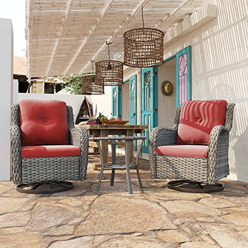 Joyside Outdoor Swivel Rocker Patio Chairs Set of 2 and Matching Side Table - 3 Piece Wicker Patio Bistro Set with Premium Fabric Cushions(Brown/Red)