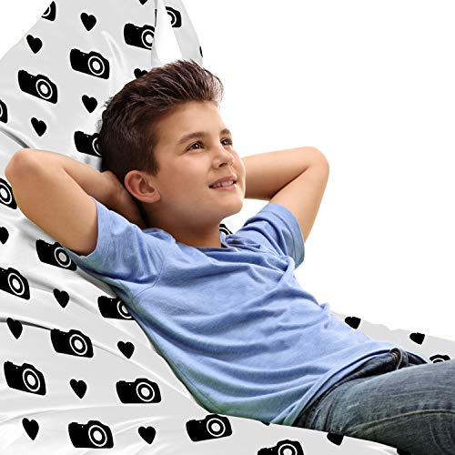 Ambesonne Camera Lounger Chair Bag, Repetitive Hearts and Photography Items Illustration on Plain Backdrop, High Capacity Storage with Handle Container, Lounger Size, White and Charcoal Grey