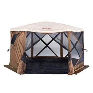 clam quick-set escape sky camper 11.5 x 11.5 foot portable pop-up outdoor gazebo screen tent 6 sided canopy shelter w/ground stakes & carry bag, brown