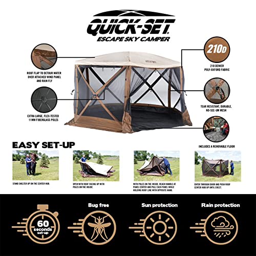 CLAM Quick-Set Escape Sky Camper 11.5 x 11.5 Foot Portable Pop-Up Outdoor Gazebo Screen Tent 6 Sided Canopy Shelter w/Ground Stakes & Carry Bag, Brown